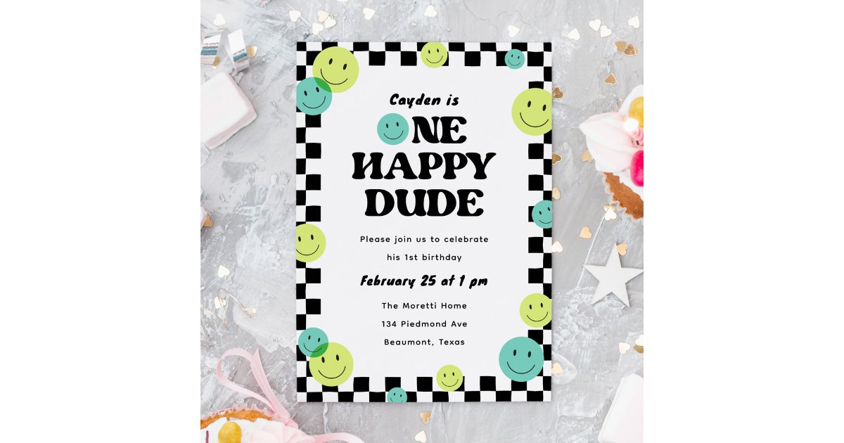 One Happy Dude Smiling Face 1st Birthday Party Invitation | Zazzle