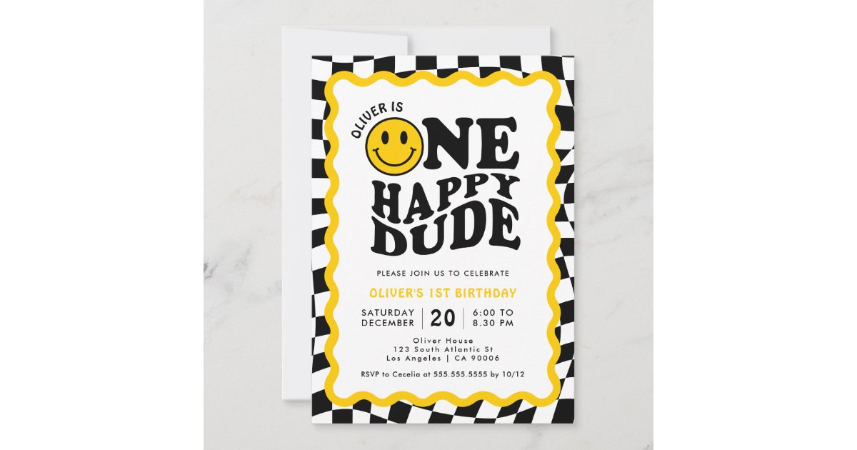 One Happy Dude | Wavy Happy Face Boy 1st Birthday Invitation | Zazzle