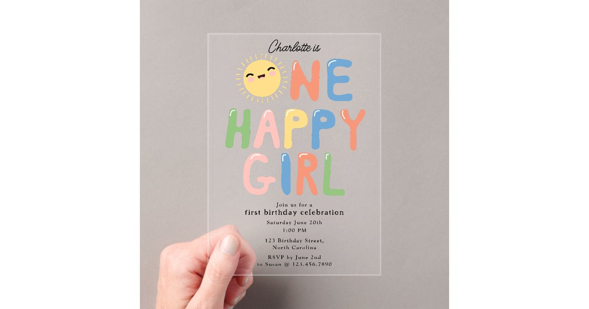 One Happy Girl Birthday Invite 1st Birthday Sun Acrylic Invitations ...