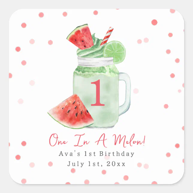 One In A Melon Birthday Party Watermelon Smoothie Square Sticker | Zazzle