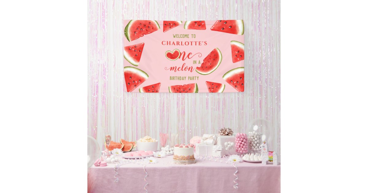 One In A Melon Watermelon Pink Birthday Welcome Banner | Zazzle