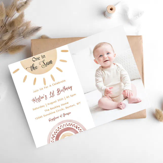 One In The Sun 1st Birthday Rainbow Photo Invitation | Zazzle