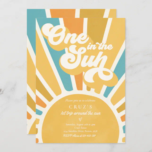 One In The Sun Sunshine 1st Birthday Retro Blue Invitation | Zazzle