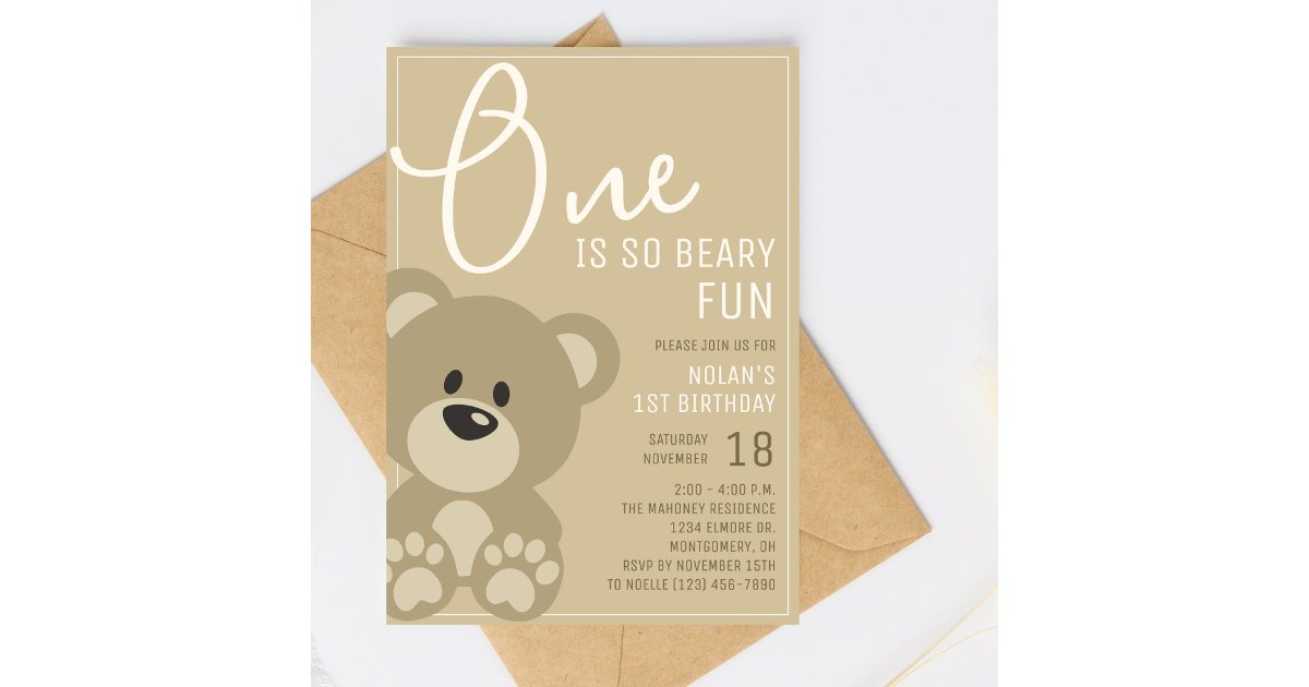 One is Beary Fun Neutral Bear 1st Birthday Party Invitation | Zazzle