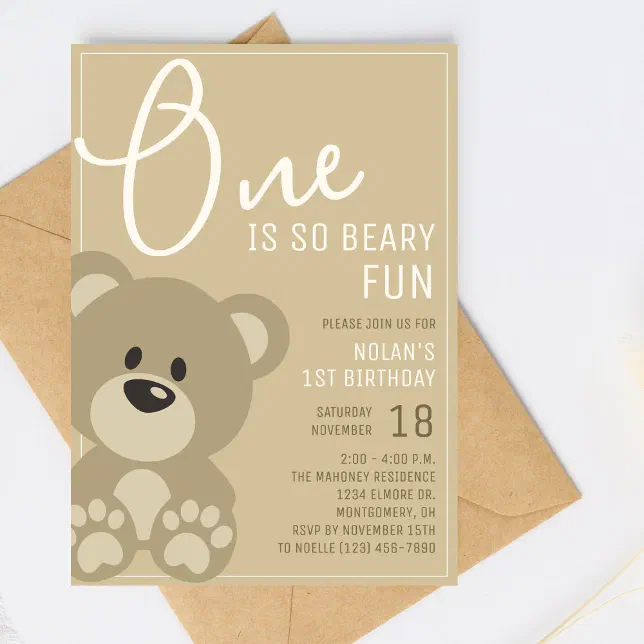 One is Beary Fun Neutral Bear 1st Birthday Party Invitation | Zazzle