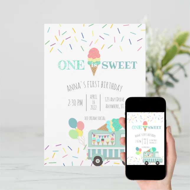 One is Sweet ice cream social birthday invitation | Zazzle