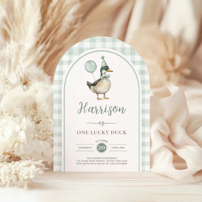 One Lucky Duck Balloon 1st Birthday Boho Arch Invitation | Zazzle