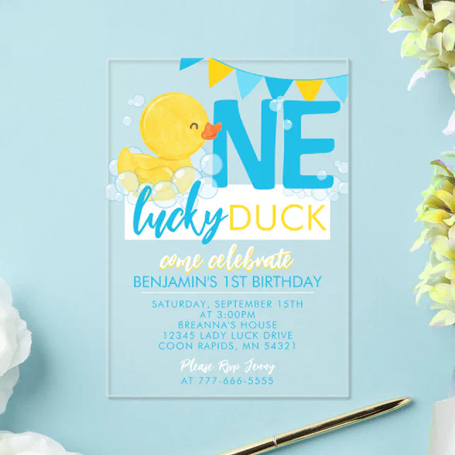 One Lucky Duck Watercolor 1st Birthday Acrylic Invitations | Zazzle