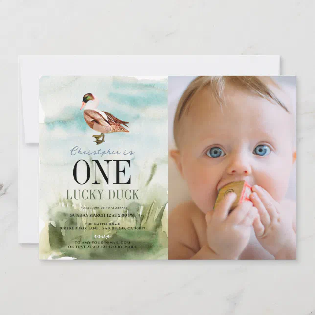 One Lucky Duck Watercolor Boy 1st Birthday Photo Invitation | Zazzle