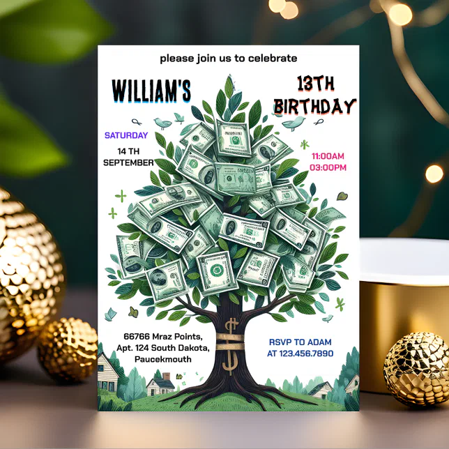 One Nature Cool Cash Only Money Tree 13th Birthday Invitation | Zazzle