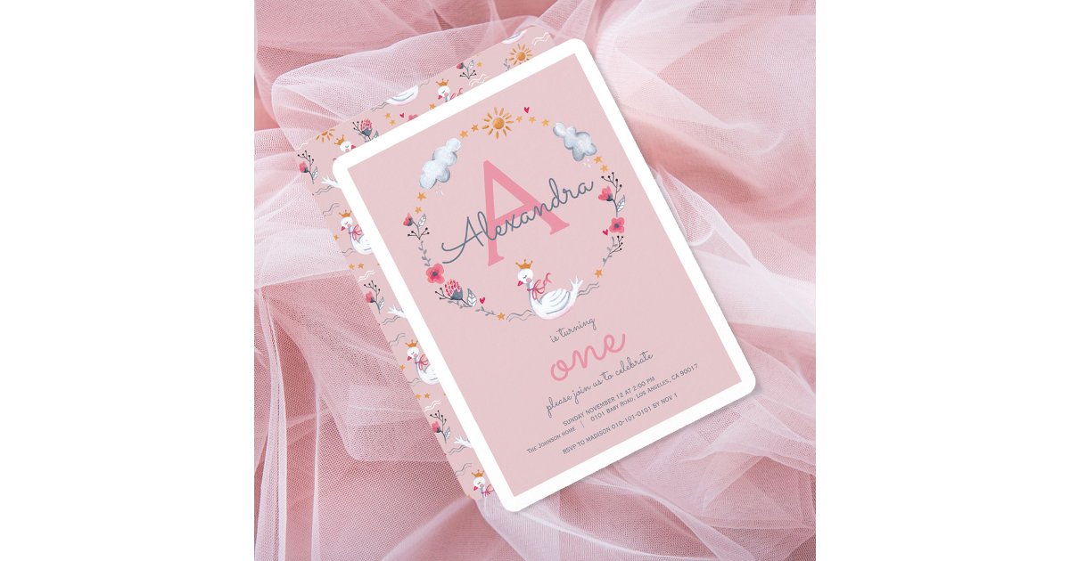 One pink swan monogram girl birthday party invitation | Zazzle
