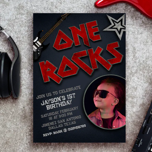 One Rocks with Picture - Rockstar 1st Birthday Invitation | Zazzle