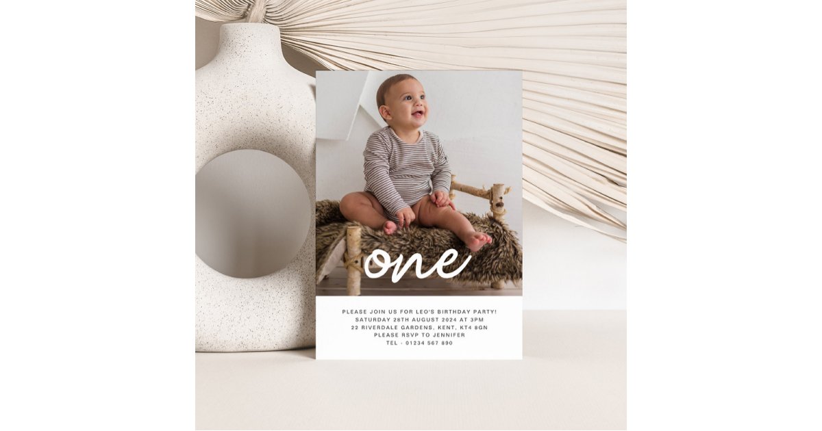 One Script Photo First Birthday Invitation | Zazzle