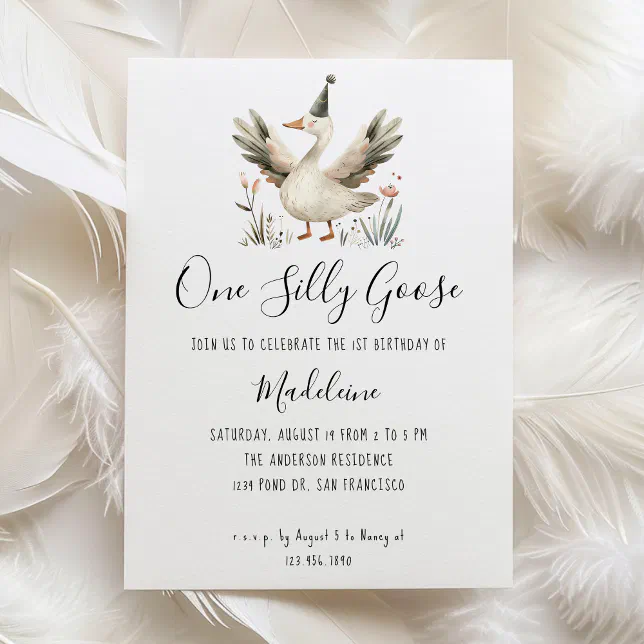 One Silly Goose 1st Birthday Cute Watercolor Invitation | Zazzle