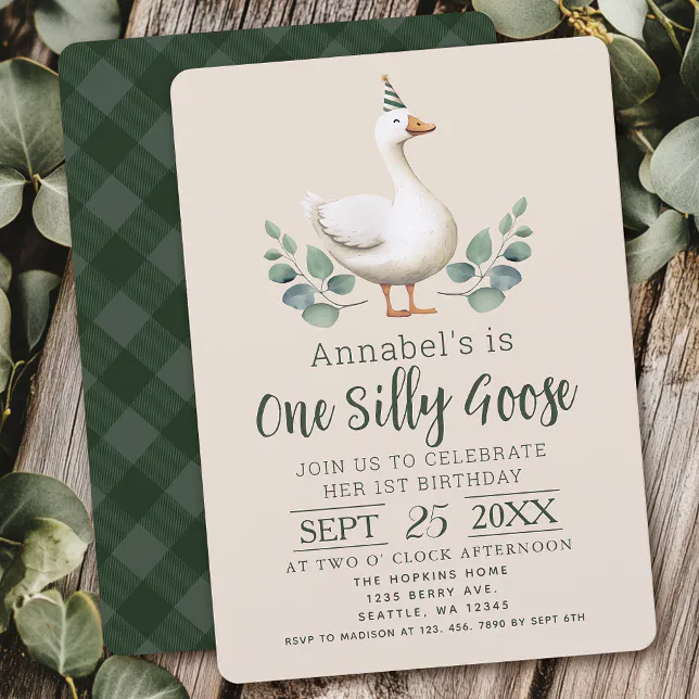 One Silly Goose 1st Birthday Rustic Watercolor Invitation | Zazzle