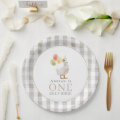 One Silly Goose Beige Gingham 1st Birthday Paper Plates | Zazzle