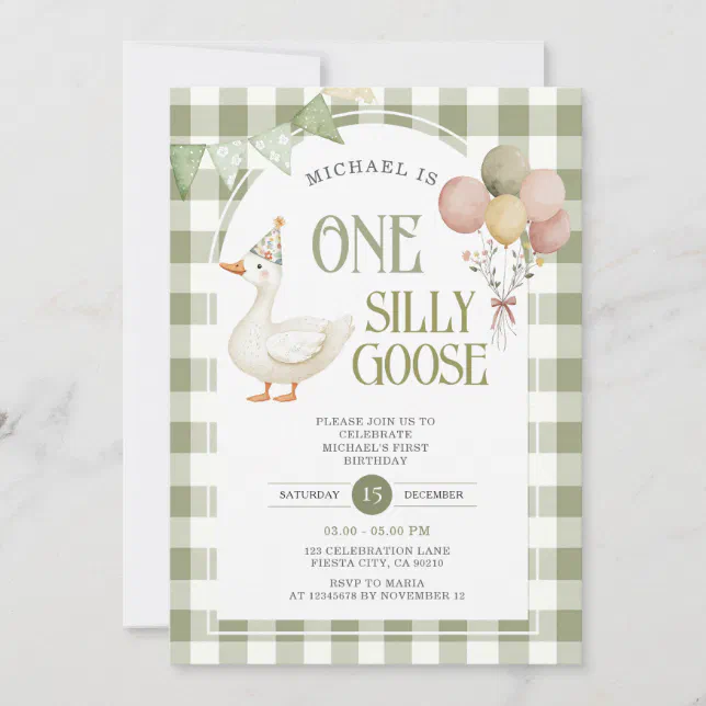 One Silly Goose Birthday Balloon Green Gingham Invitation | Zazzle