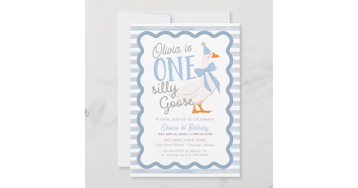 One Silly Goose Blue Bow 1st Birthday Invitation | Zazzle