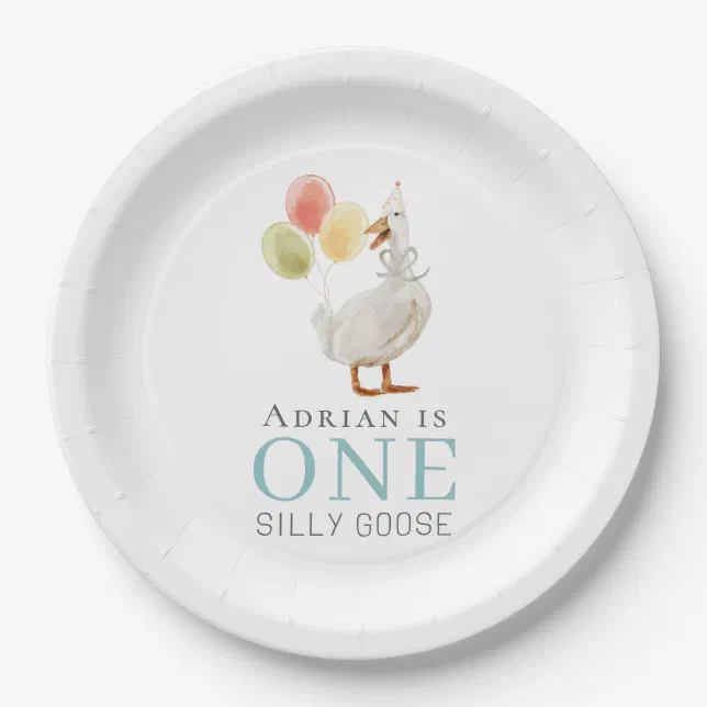 One Silly Goose Boy Blue 1st Birthday Paper Plates | Zazzle