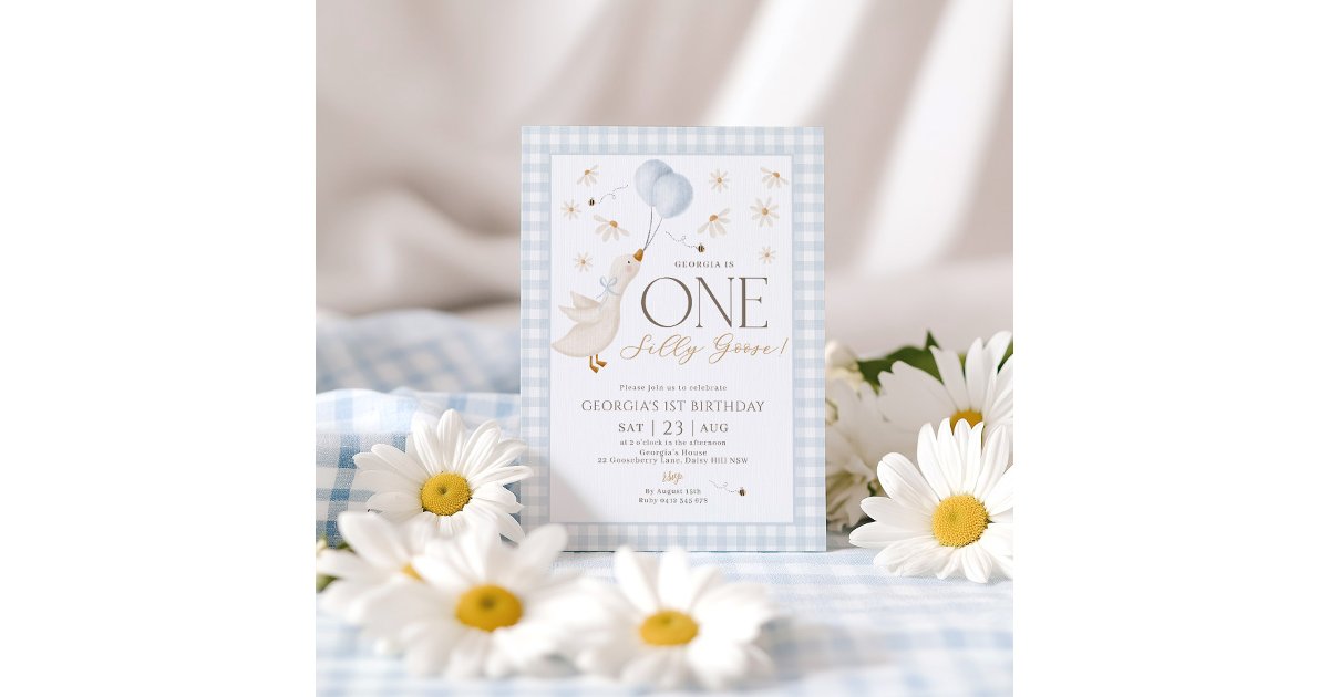 One Silly Goose Boys 1st Birthday Blue Gingham Invitation | Zazzle