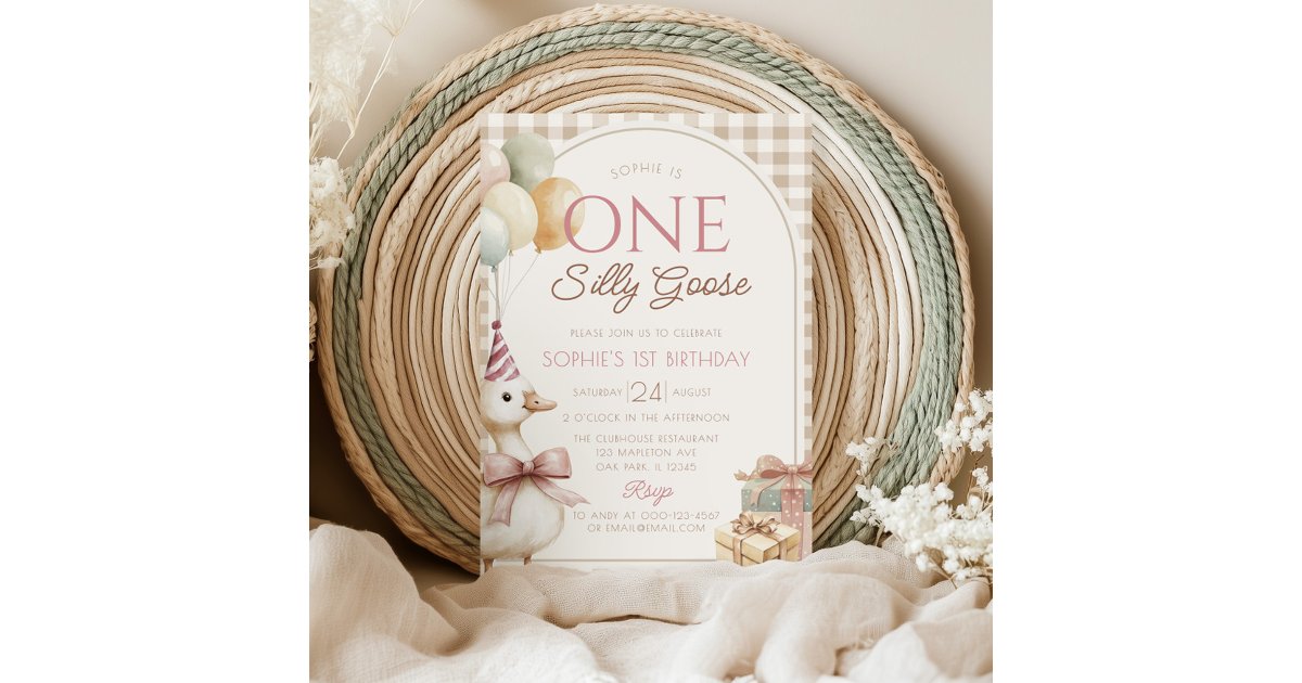 One Silly Goose Gingham 1st Birthday Invitation | Zazzle