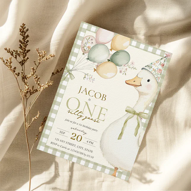 One Silly Goose Green Gingham 1st Birthday Invitation | Zazzle
