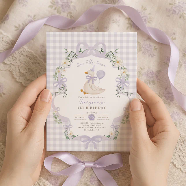One Silly Goose Lilac Purple Bow 1st Birthday Invitation | Zazzle