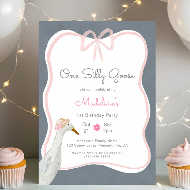 One Silly Goose Pink Bow 1st Birthday Party Invitation | Zazzle