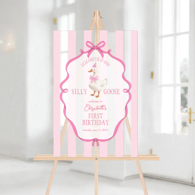 One Silly Goose Pink Bow First Birthday Welcome Acrylic Sign | Zazzle