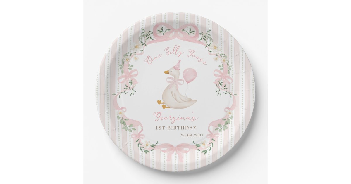 One Silly Goose Pink Bow Floral 1st Birthday Paper Plates | Zazzle