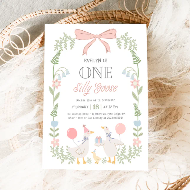 One Silly Goose Pink Floral 1st Birthday Invitation | Zazzle
