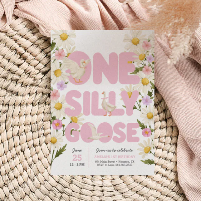 One Silly Goose | Pink Floral Girls 1st Birthday Invitation | Zazzle