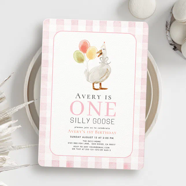 One Silly Goose Pink Gingham Girl 1st Birthday Invitation | Zazzle