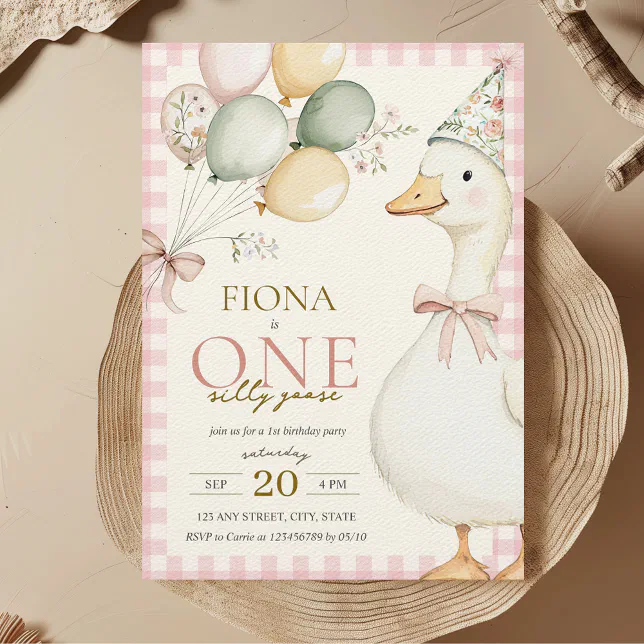 One Silly Goose Pink Gingham Girl's 1st Birthday Invitation | Zazzle