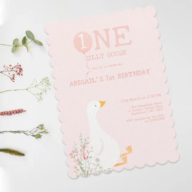 One Silly Goose Pink Girls 1st Birthday Invitation | Zazzle