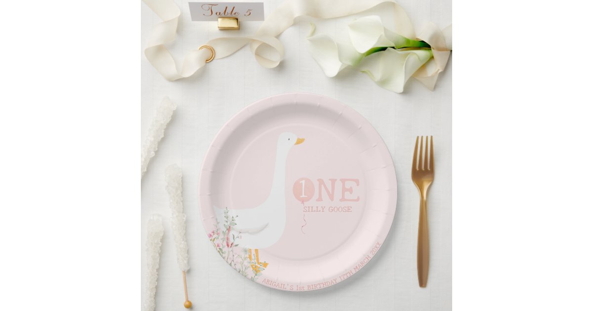 One Silly Goose Pink Girls 1st Birthday Paper Plates | Zazzle