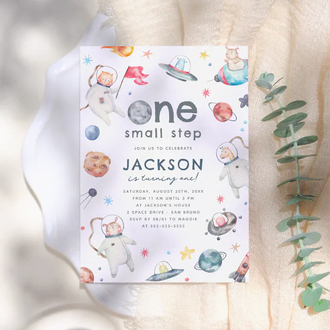 One Small Step | Space Animals 1st Birthday Party Invitation | Zazzle