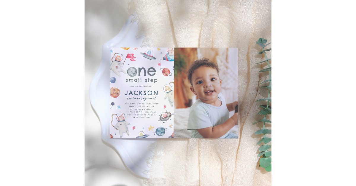 One Small Step | Space Animals 1st Birthday Photo Invitation | Zazzle