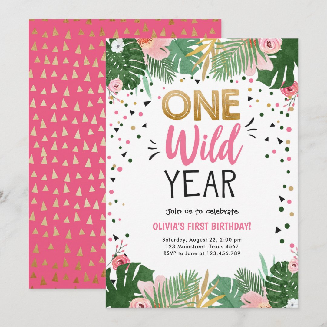 One Wild Year Safari Gold Girl First 1st Birthday Invitation | Zazzle