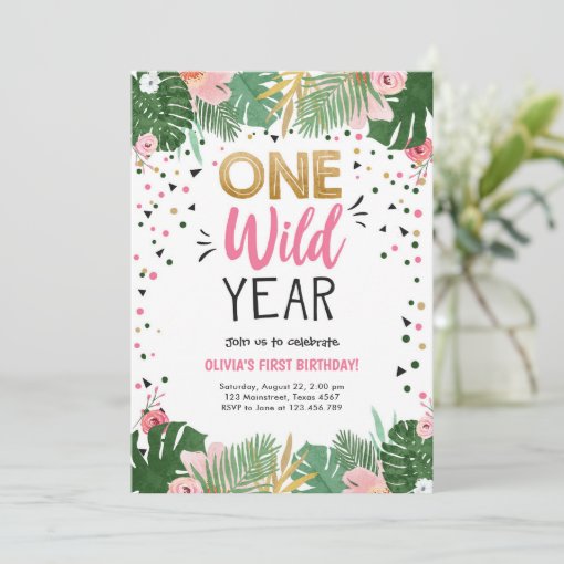 One Wild Year Safari Gold Girl First 1st Birthday Invitation | Zazzle