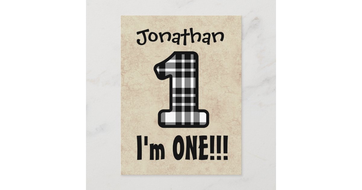 One Year 1st Birthday Plaid Number A07G Announcement Postcard | Zazzle