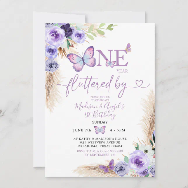 One year fluttered Butterfly First Birthday Floral Invitation | Zazzle