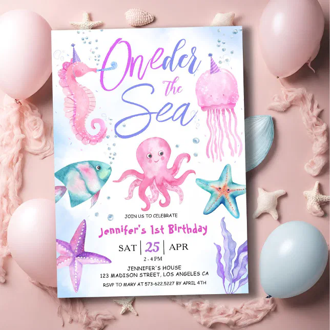 ONEder The Sea! 1st Birthday Girl Pink Ocean Invitation | Zazzle