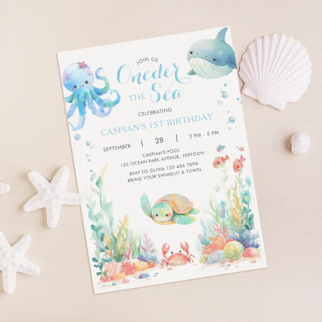 Oneder The Sea First Birthday Blue Invitation | Zazzle