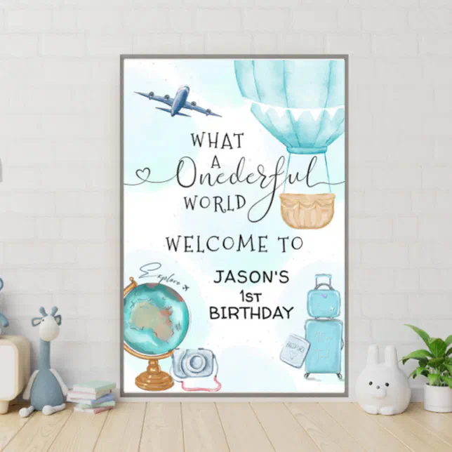 ONEderful World Boys 1st First Birthday Welcome Poster | Zazzle