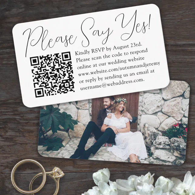 Online Wedding RSVP QR Code & Photo Please Say Yes Enclosure Card | Zazzle