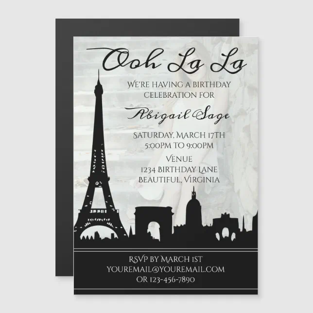 Ooh La La Paris Skyline Photo Birthday Party Magnetic Invitation | Zazzle