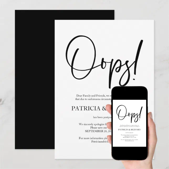 Oops Simple Chic Wedding Postponed Announcement | Zazzle