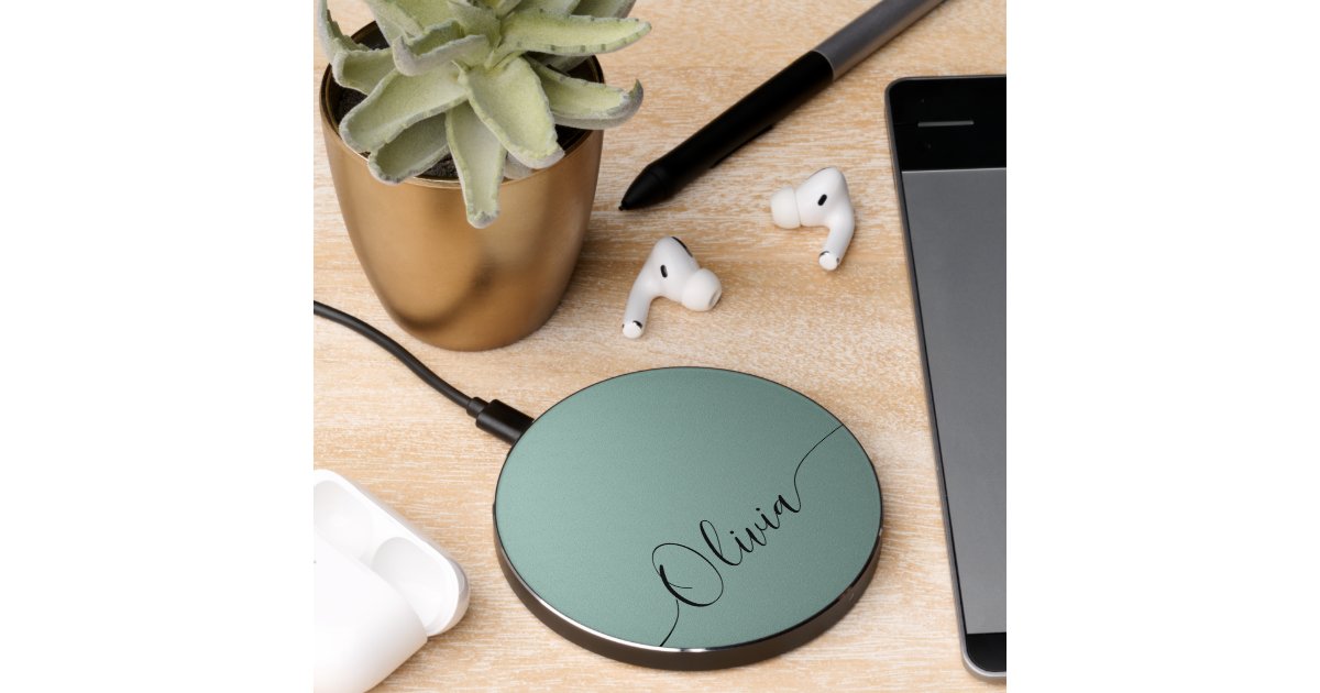 Opal Blue Shimmer Elegant Calligraphy Script Name Wireless Charger | Zazzle