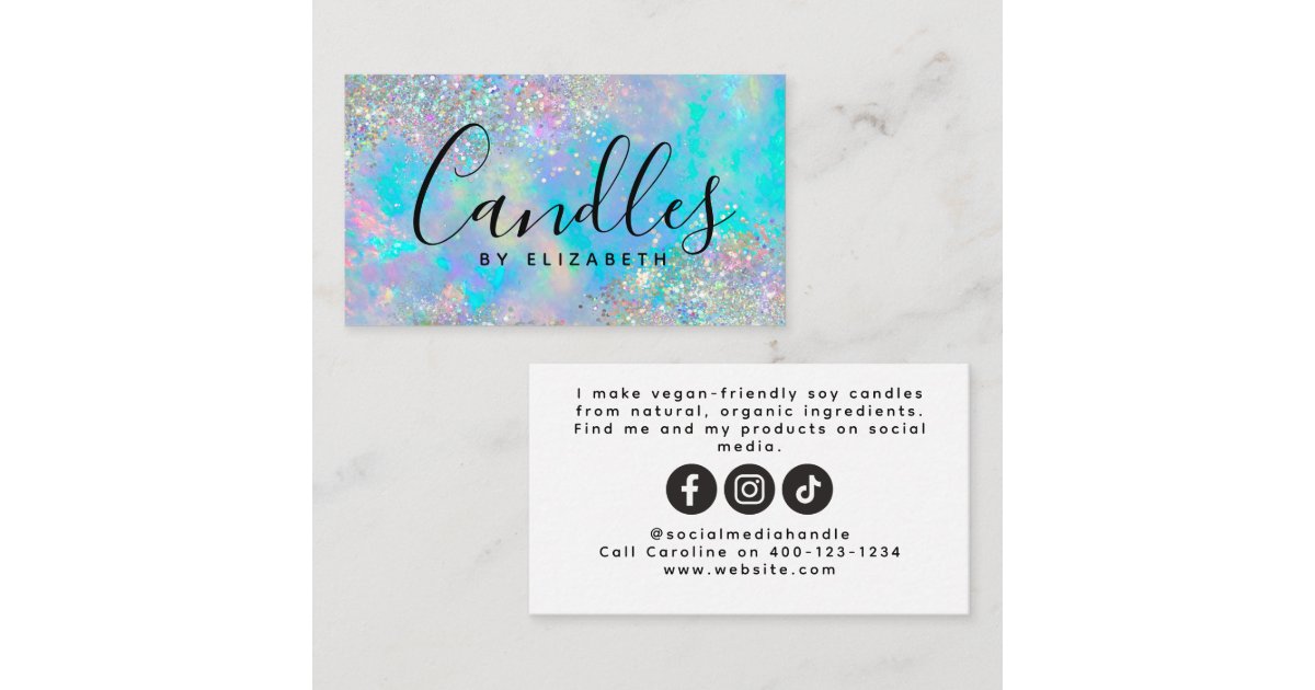 Opal Glitter Script Candle Maker Business Card | Zazzle